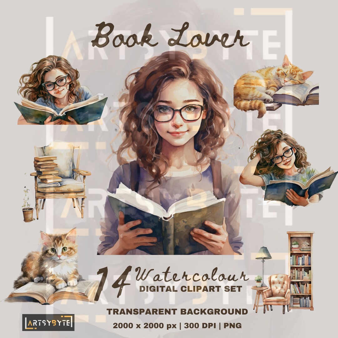 Book Lover Clipart Watercolor Cozy Clipart Pretty Girl - Etsy