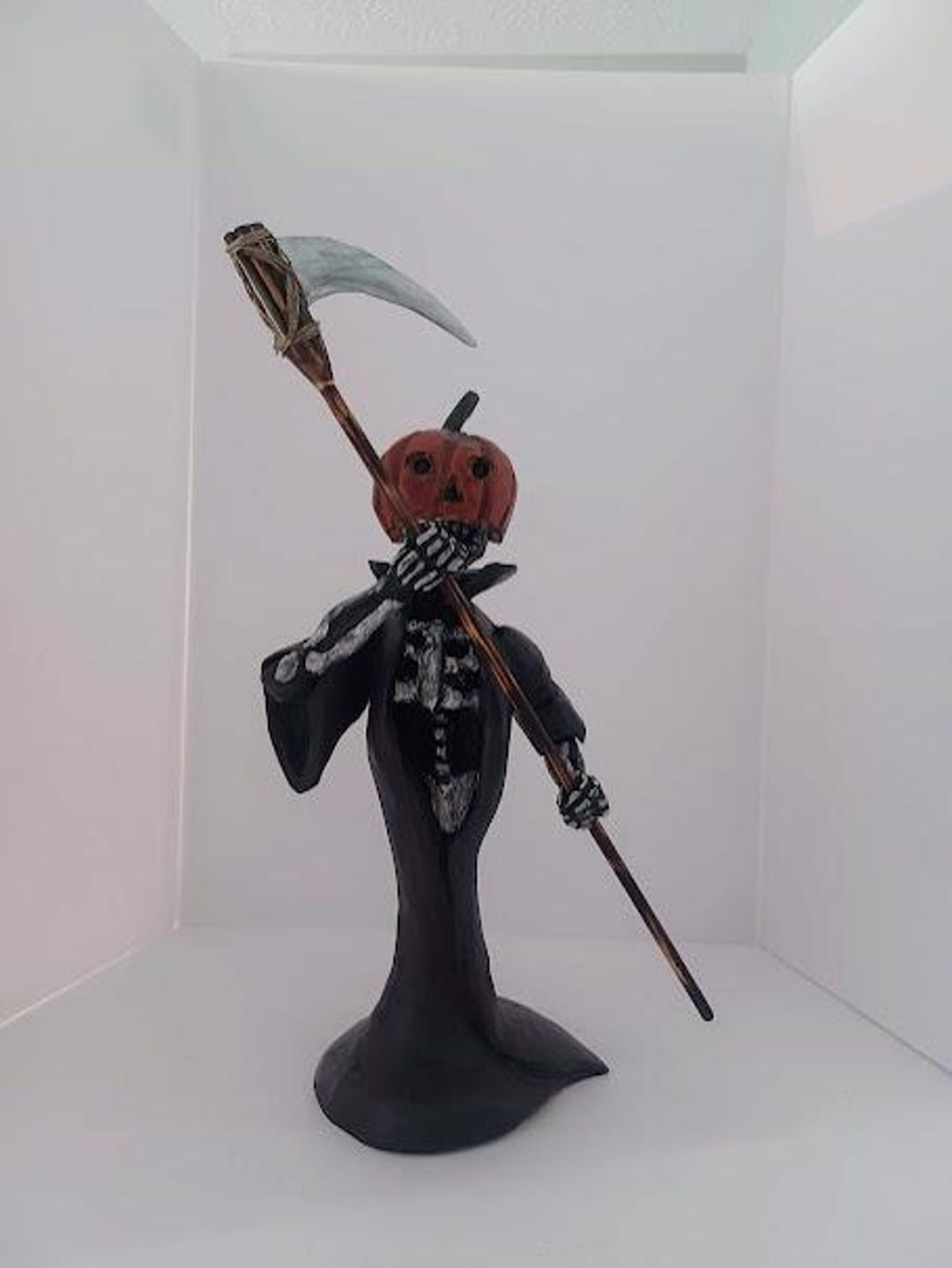 Hand Carved Grim Reaper With Scythe Pumpkin Head Skeleton Carving ...