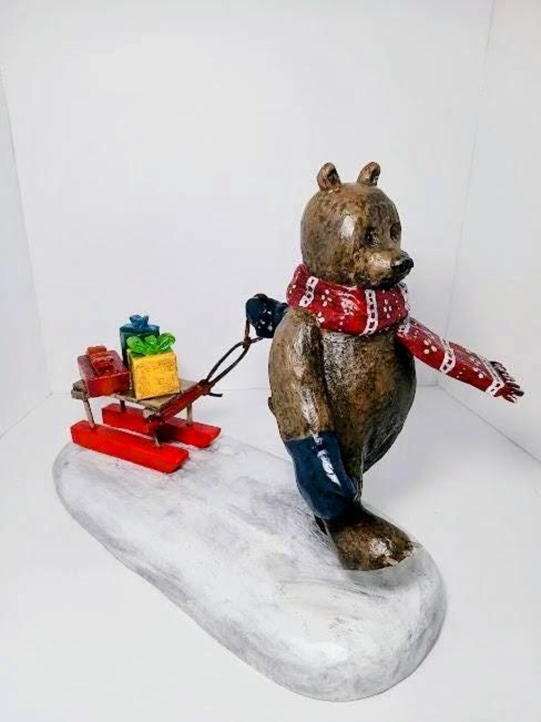 Hand Carved Bear Pulling Sled Brown Bear in Snow Carving Christmas ...