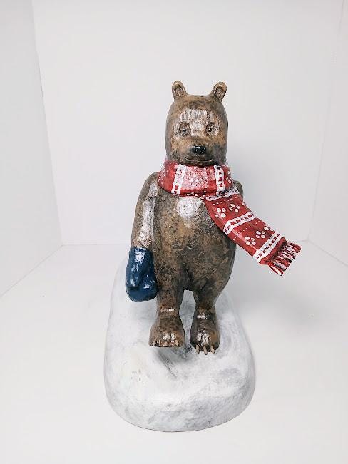 Hand Carved Bear Pulling Sled Brown Bear in Snow Carving Christmas ...