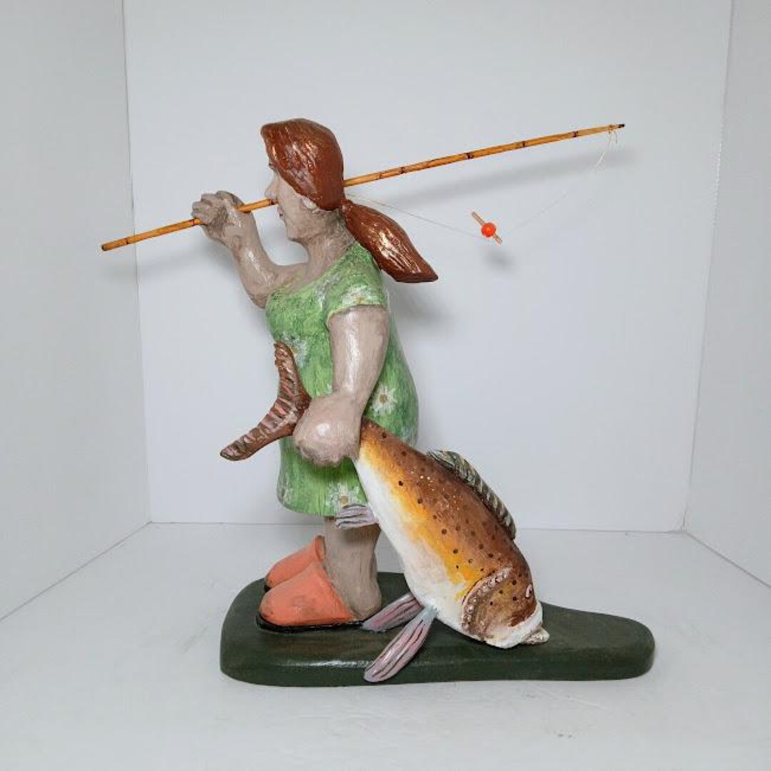 Hand Carved Wood Fisherwoman Sculpture Gift for Woman Who Loves to Fish ...