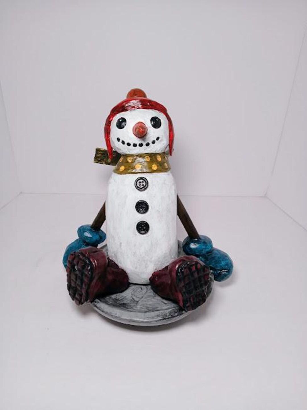 Hand Carved Snowman on Sled Wood Snowman Statue Snowman on Sled Wood ...