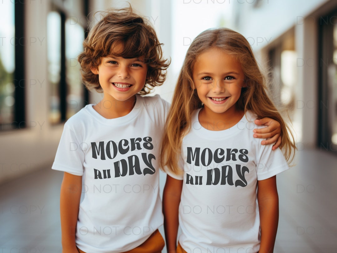 Kids White T-shirt Mockup, Mock-up Photo of 2 Children's White Short ...