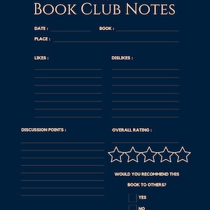 Book Club Notes Template Book Review PRINTABLE Fantasy Romance Template ...