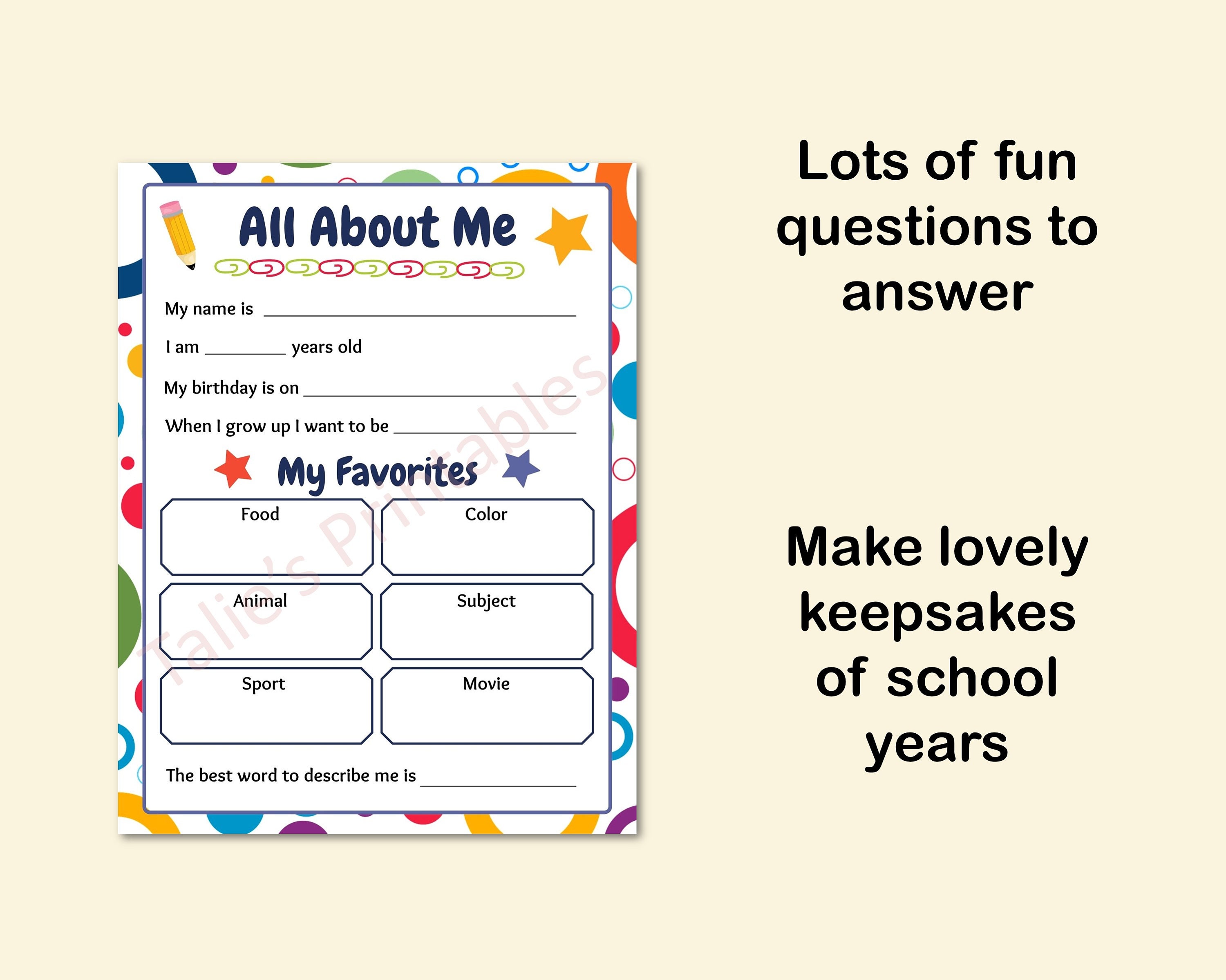 All About Me, Back to School Printable, First Day of School Interview ...