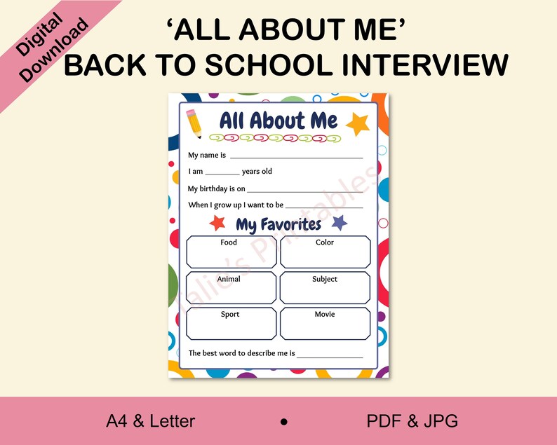 All About Me, Back to School Printable, First Day of School Interview ...