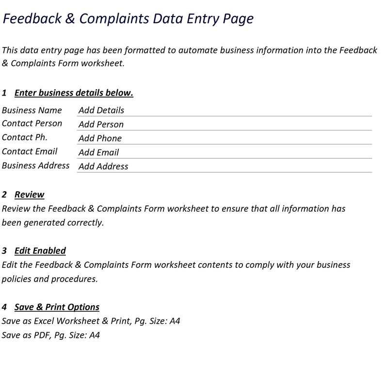 Feedback & Complaints Form Template - Etsy