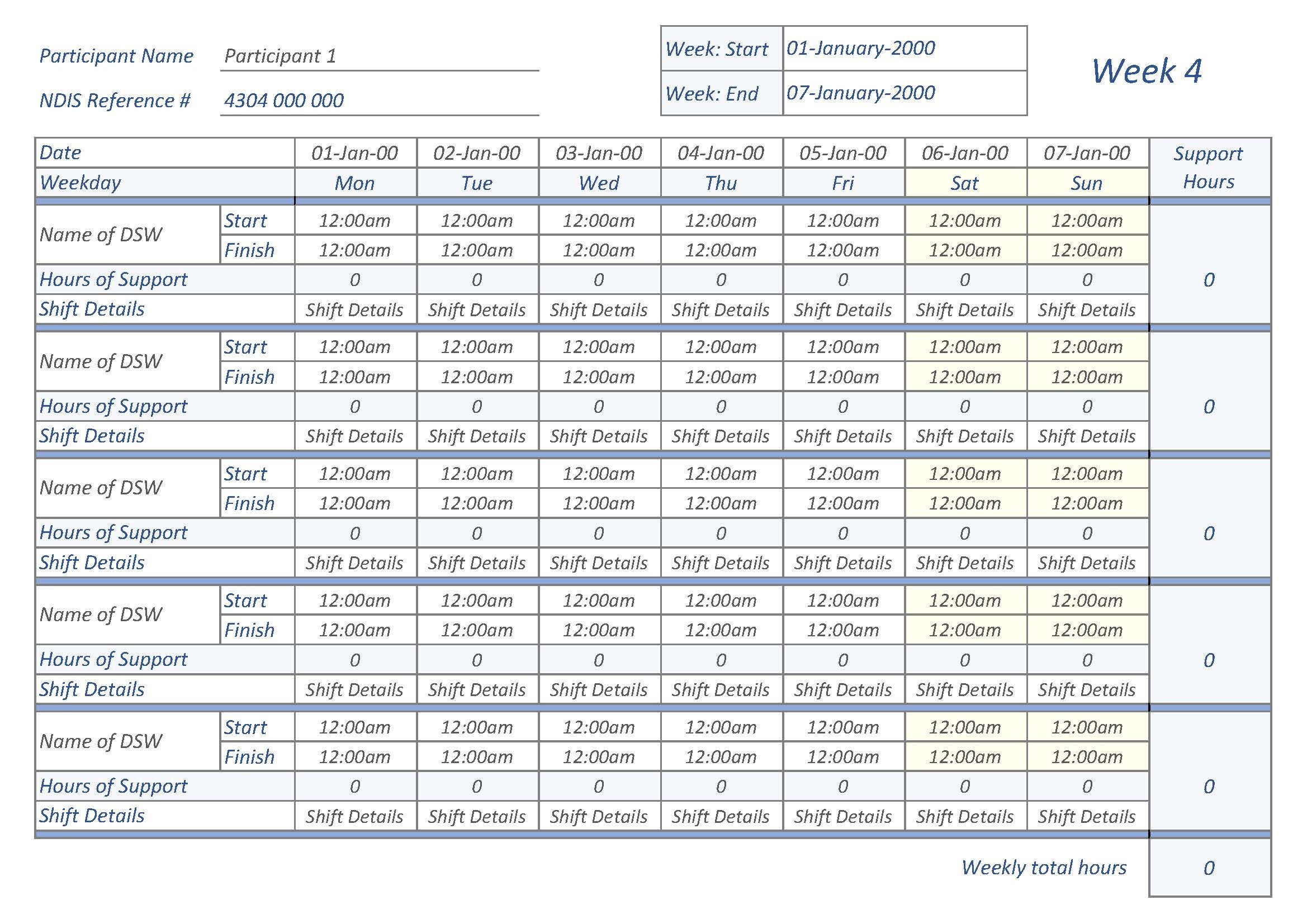 6 Week - Disability Support Roster Template - Etsy