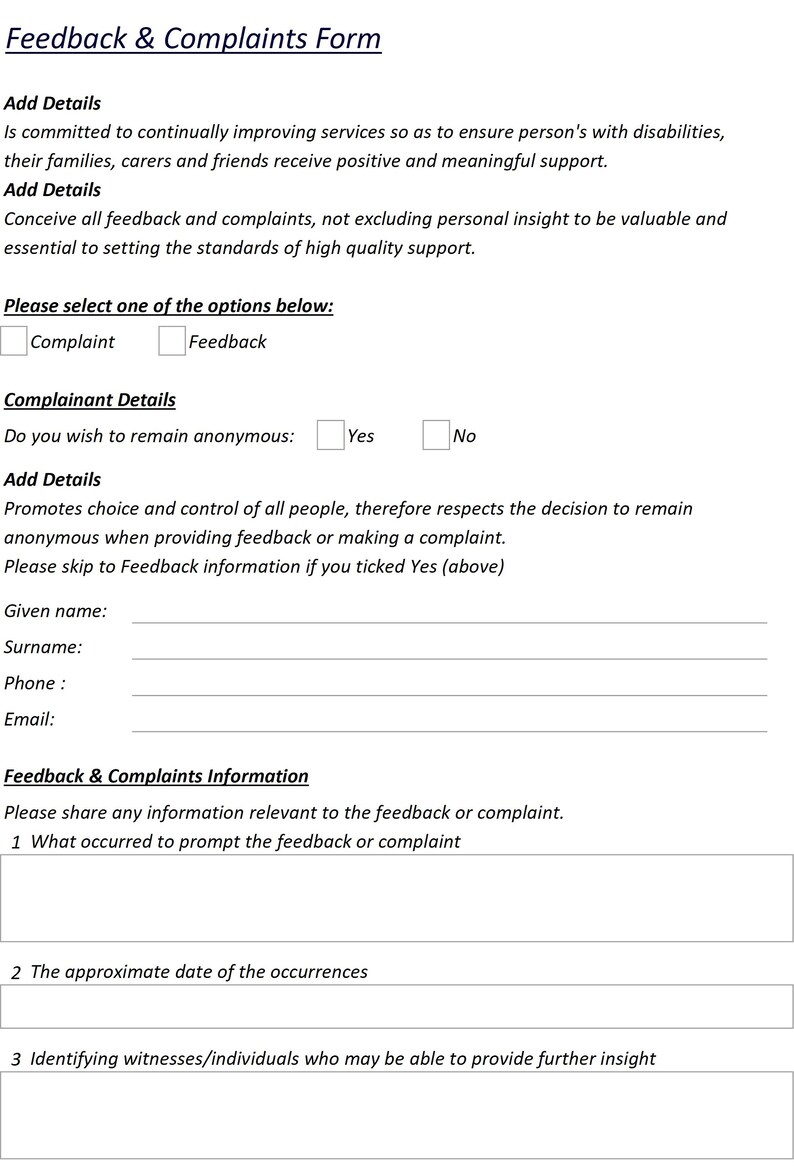 Feedback & Complaints Form Template - Etsy