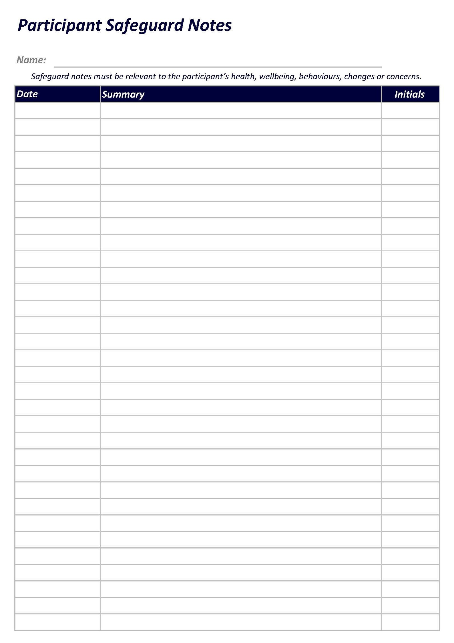 Participant Safeguard Notes Template - Etsy
