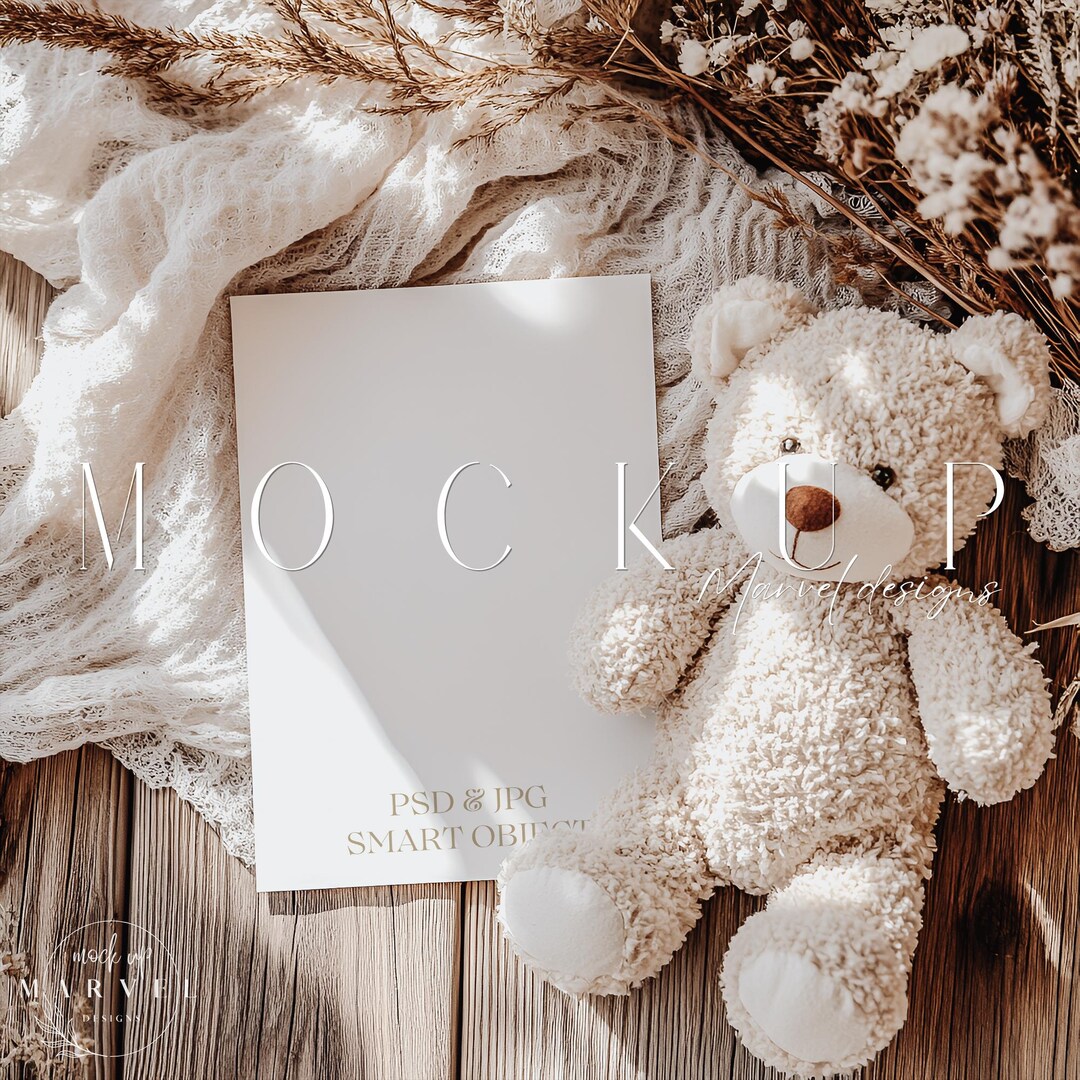 Kids Invite Mockup, Card Mockup, Greeting Card Mockup, Teddy Bear ...