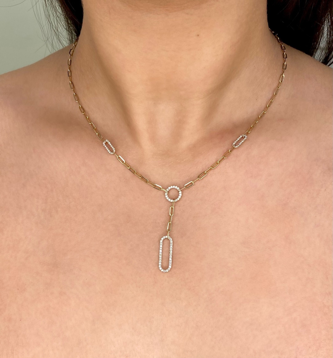 Paperclip Diamond Necklace/trendy Solid Yellow Gold Diamond Paperclip ...