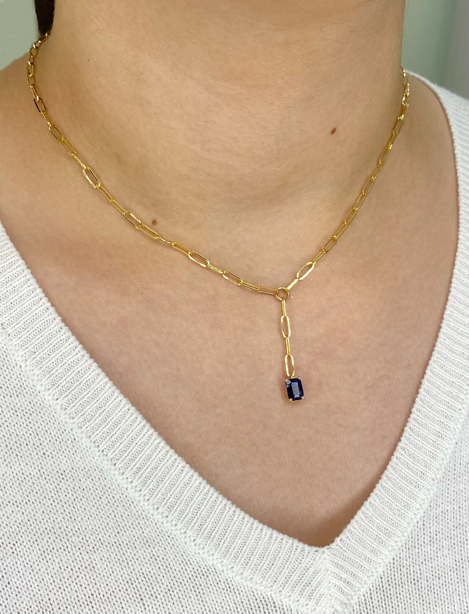 14K Yellow Gold Paperclip Lariat Necklace, Natural Blue Sapphire - Etsy
