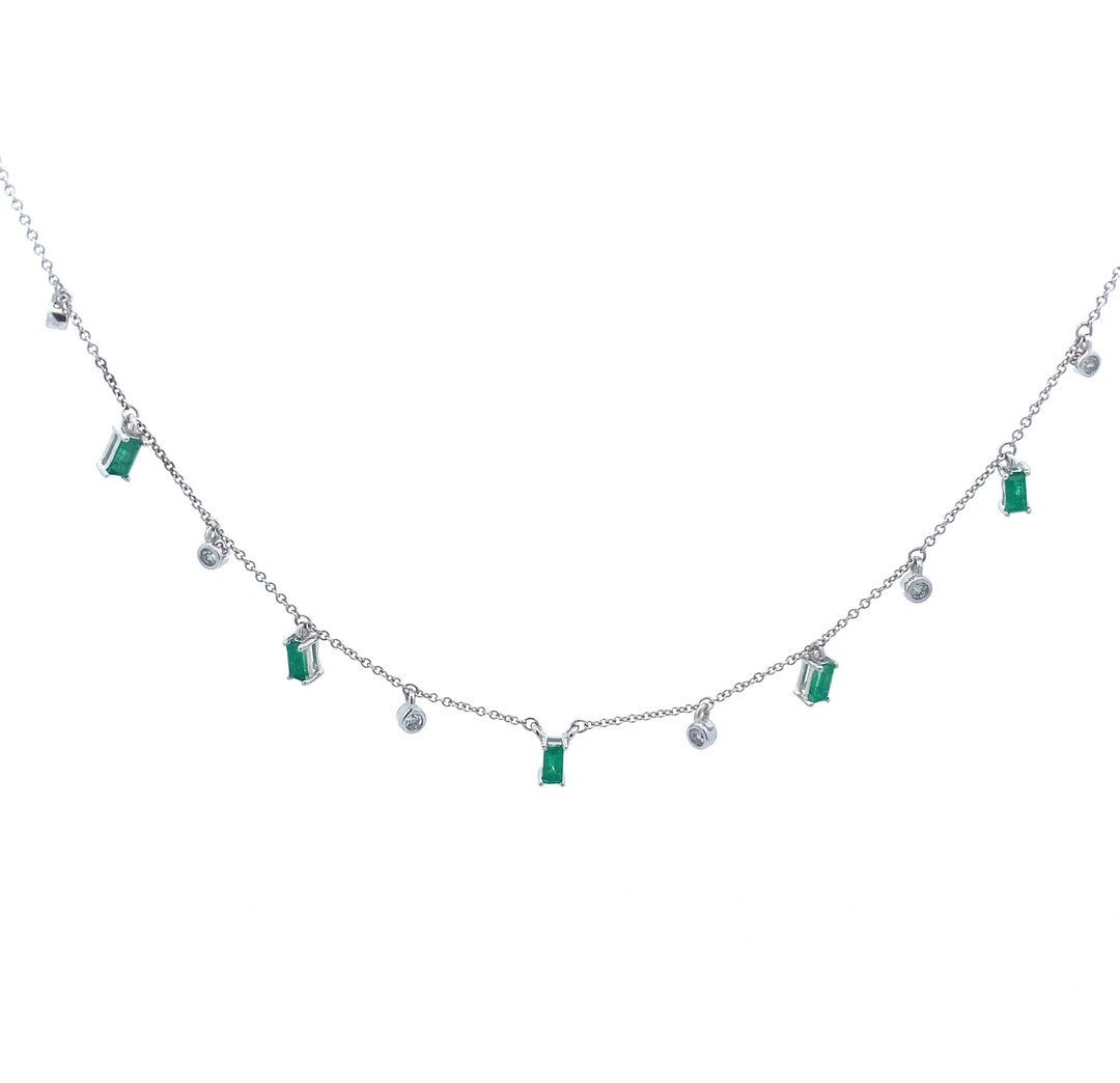 14K Gold Necklace With Dangling Diamonds and Emeralds/ Dainty Diamond ...