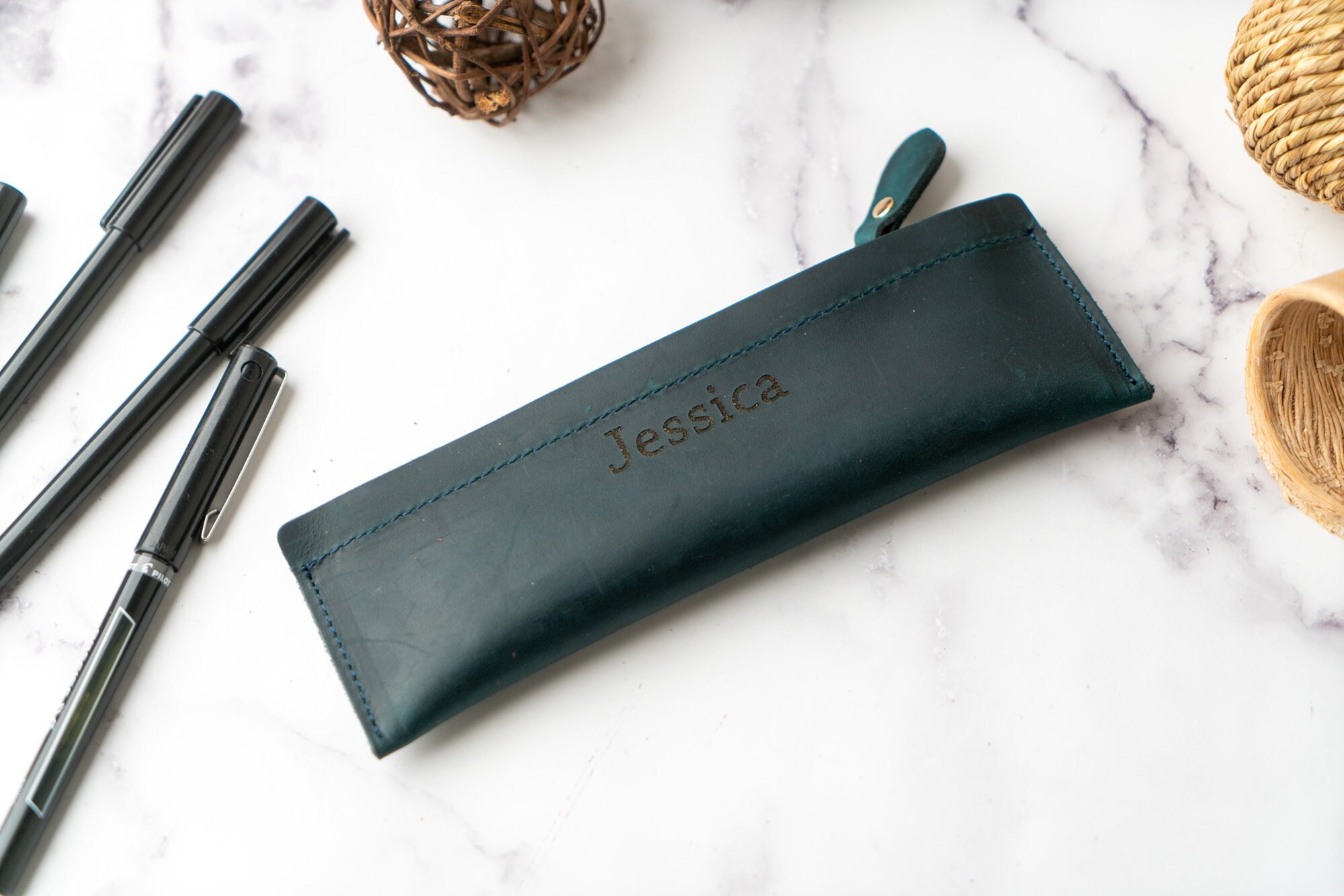 Slim Custom Pen Case, Leather Personalized, Small Red Pen Pouch, Blue ...
