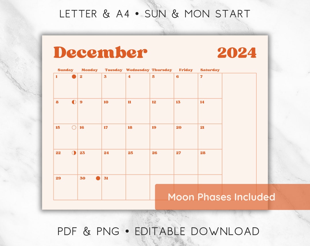 Editable December 2024 Calendar Printable With Moon Phases, Letter, A4 ...