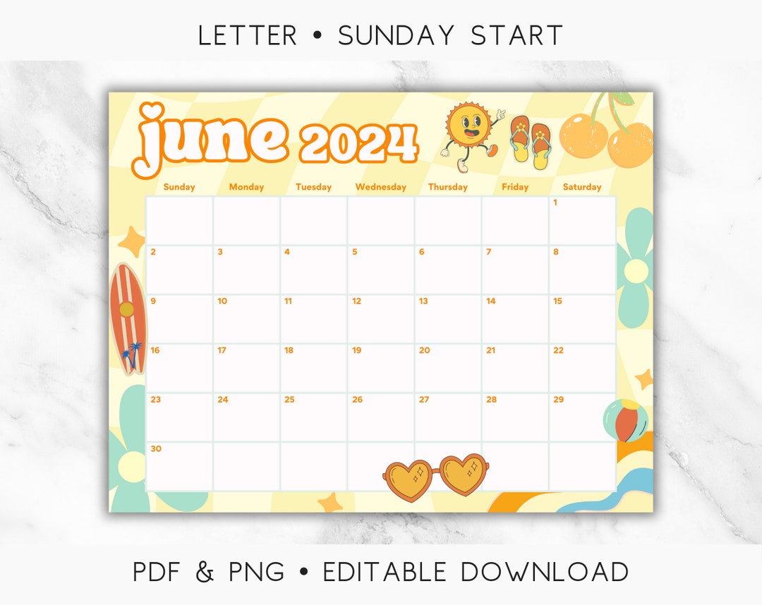 Editable June 2024 Calendar Printable, Retro June 2024 Printable ...