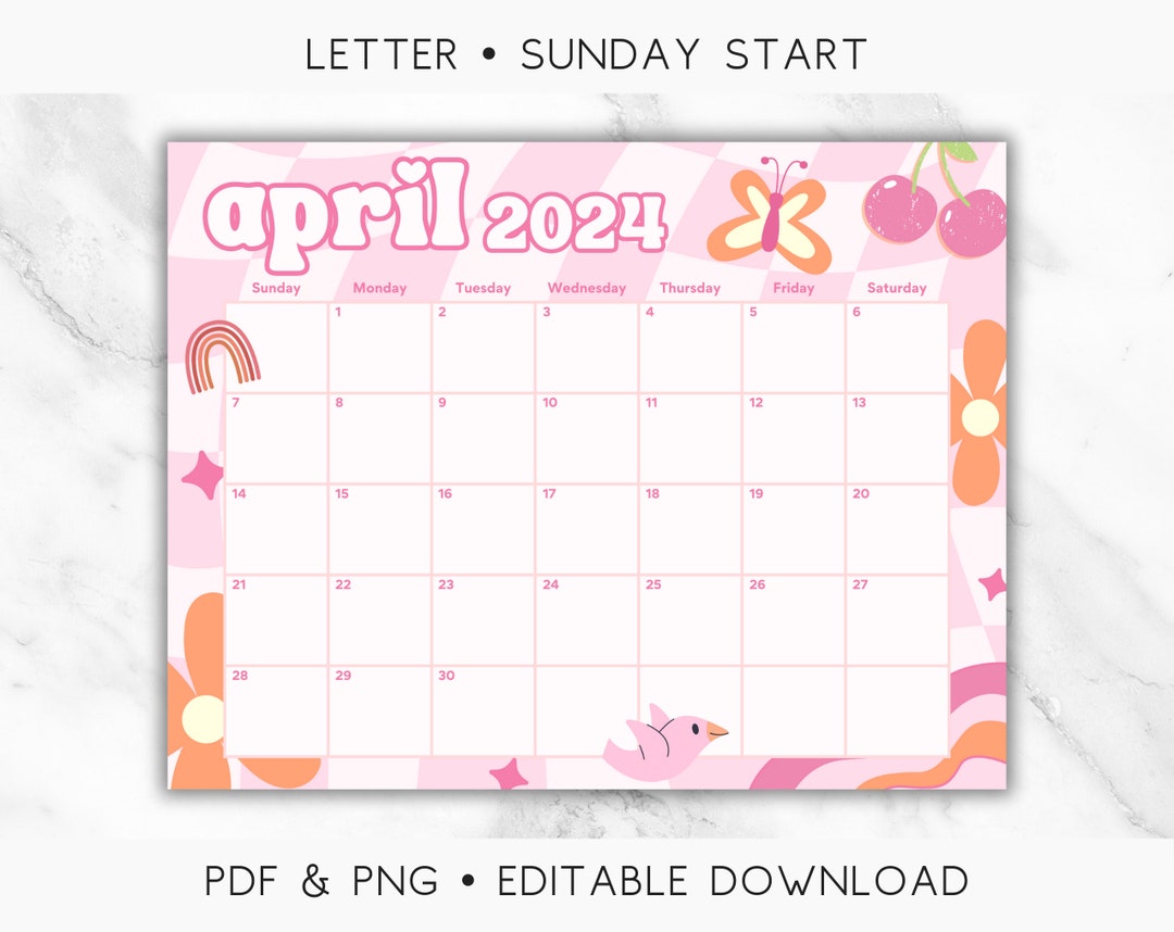 Editable April 2024 Calendar Printable, Retro April 2024 Printable ...