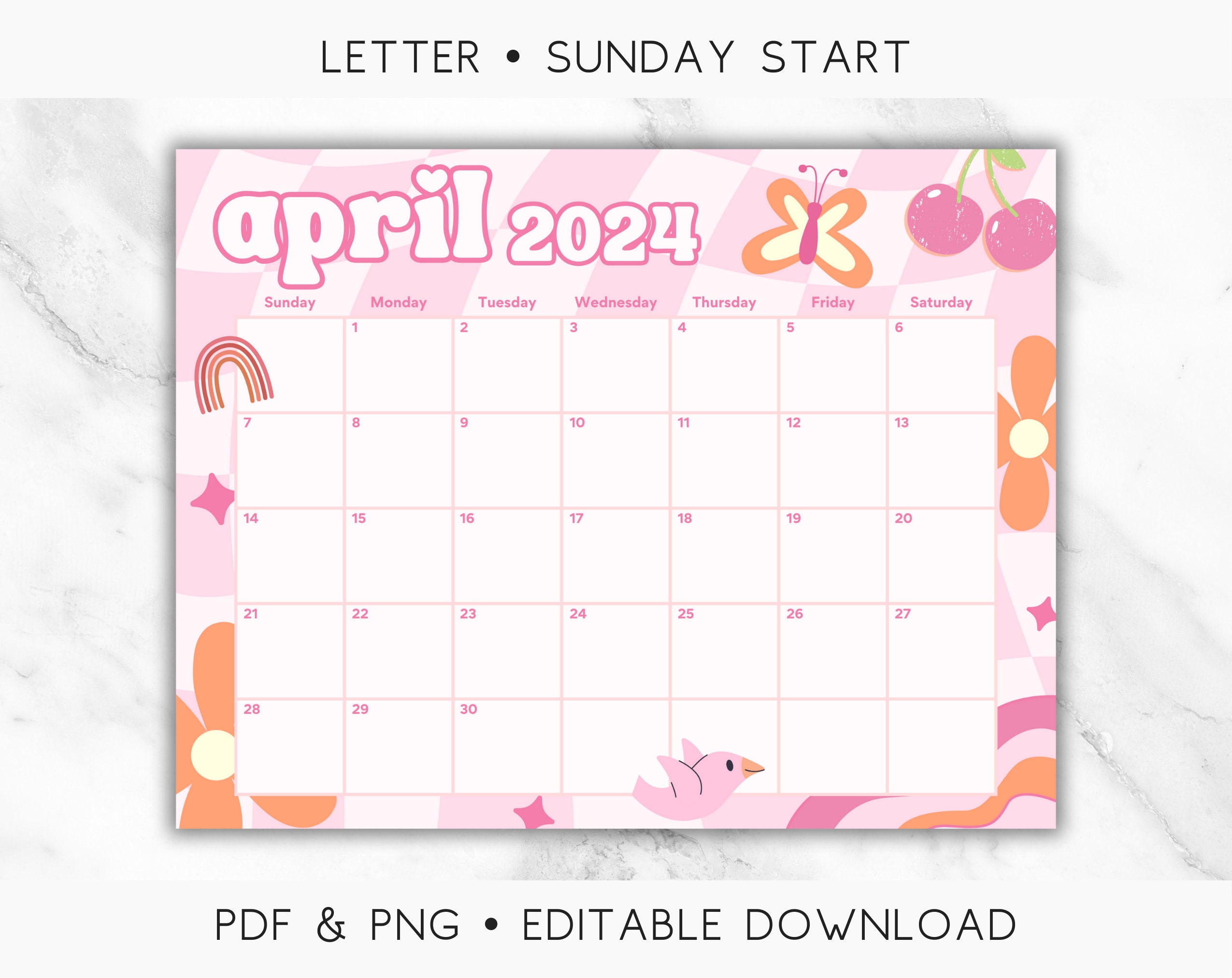 Editable April 2024 Calendar Printable, Retro April 2024 Printable ...
