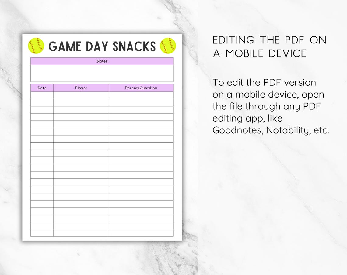 Editable Softball Snack Sign up Sheet, Editable PDF & Google Doc, Game ...