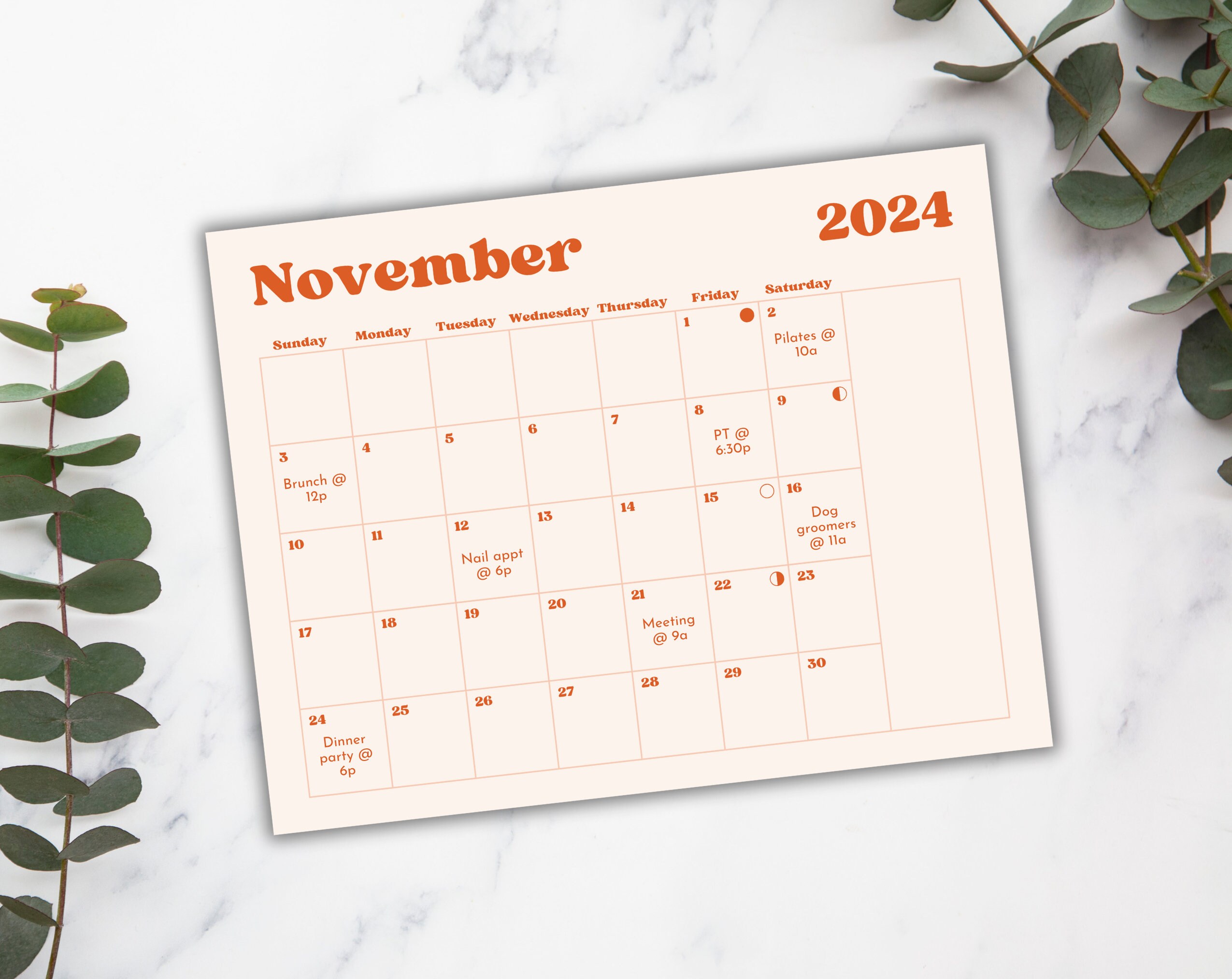 Editable November 2024 Calendar Printable With Moon Phases, Letter, A4 ...