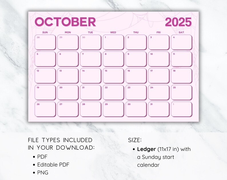11x17 October 2025 Editable Calendar Pink, Ledger, Printable, Cute ...