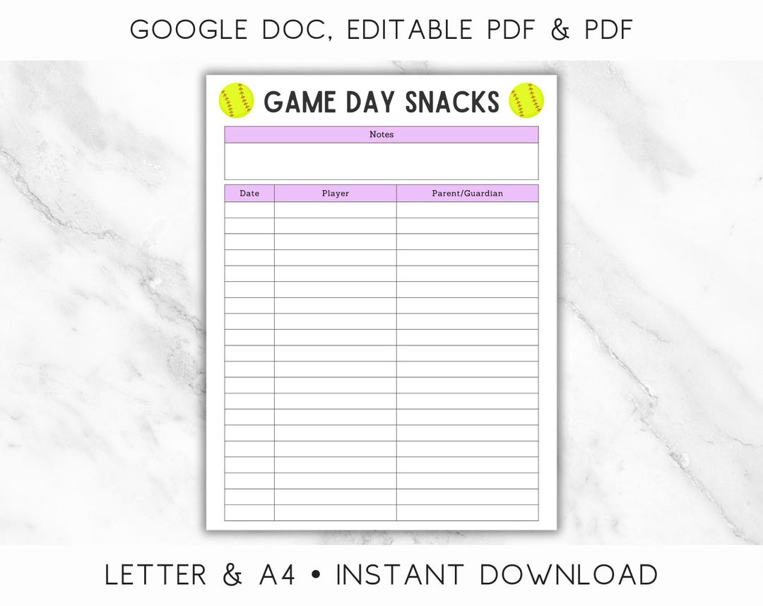 Editable Softball Snack Sign up Sheet, Editable PDF & Google Doc, Game ...