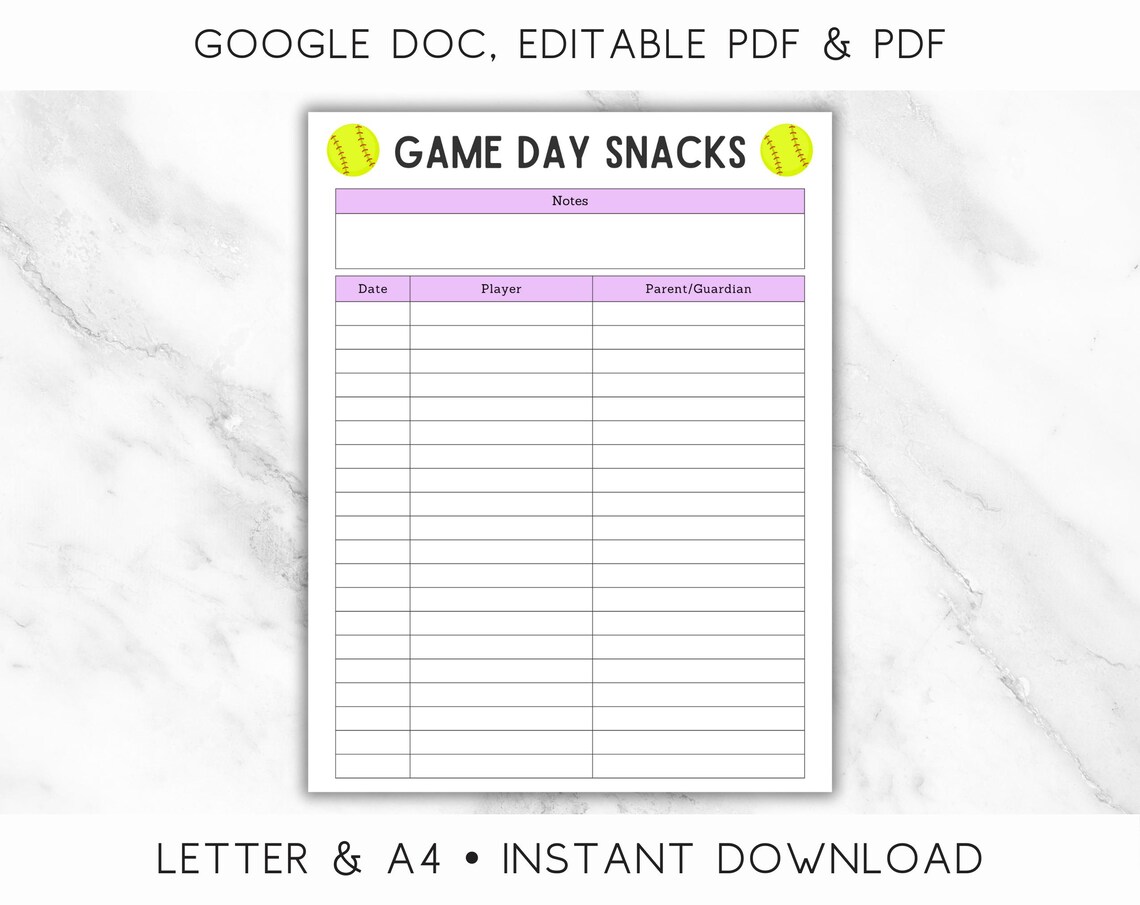 Editable Softball Snack Sign up Sheet, Editable PDF & Google Doc, Game ...