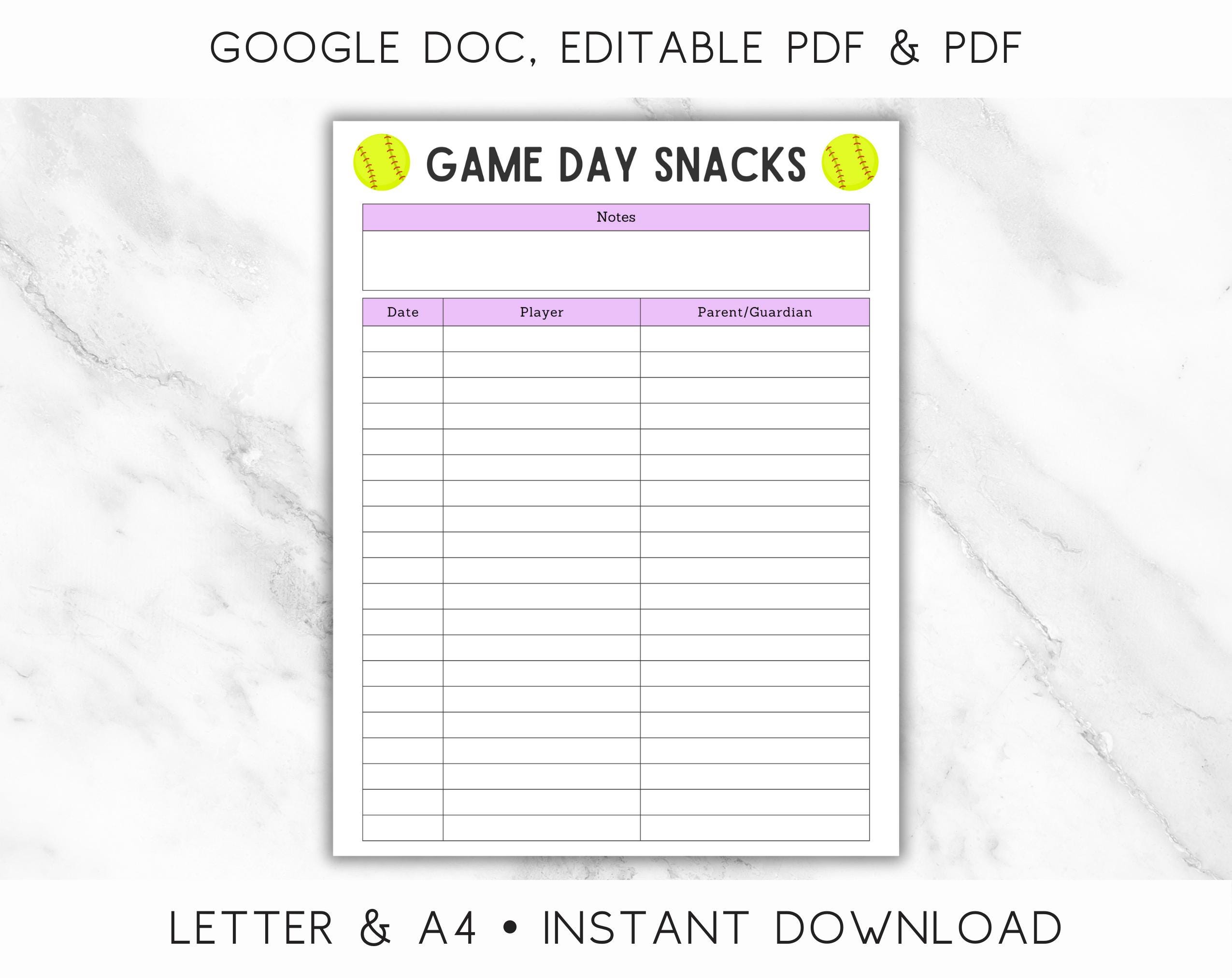 Editable Softball Snack Sign up Sheet, Editable PDF & Google Doc, Game ...