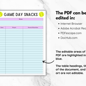 Editable Softball Snack Sign up Sheet, Game Day Snack Sign up Sheet ...