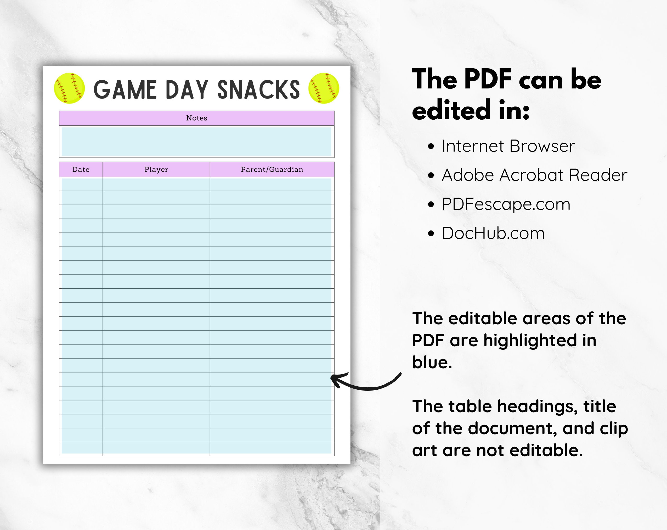 Editable Softball Snack Sign up Sheet, Game Day Snack Sign up Sheet ...