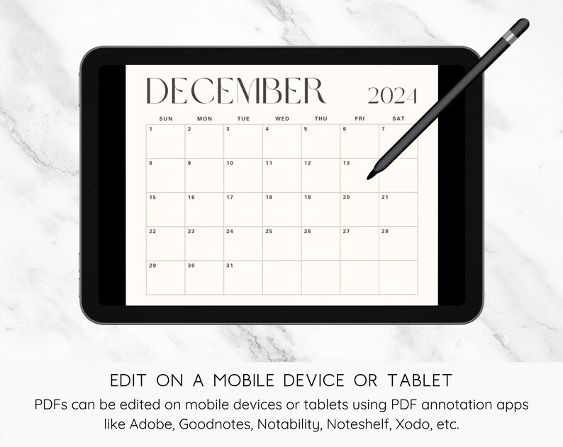Editable December 2024 Calendar Printable, Simple Modern December 2024 ...