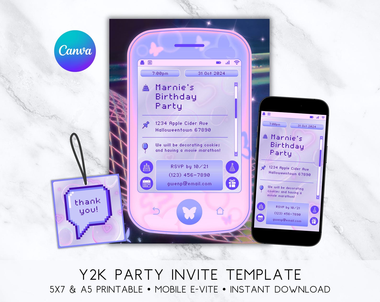 Editable Birthday Invitation Template - Y2K Cybercore, Pink, Purple ...