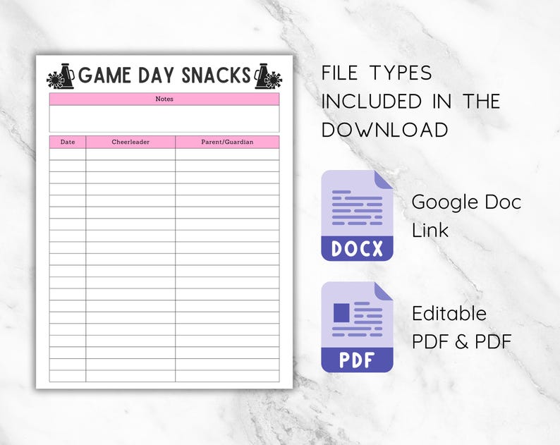 Editable Cheer Snack Sign up Sheet, Editable PDF & Google Doc, Game Day ...
