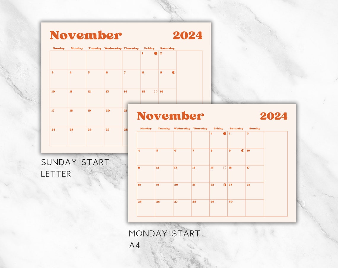 Editable November 2024 Calendar Printable With Moon Phases, Letter, A4 ...