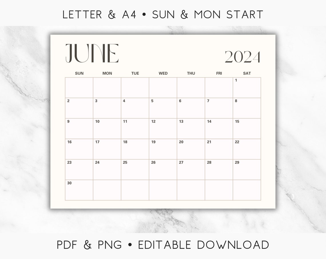 Editable June 2024 Calendar Printable, Simple Modern June 2024 ...