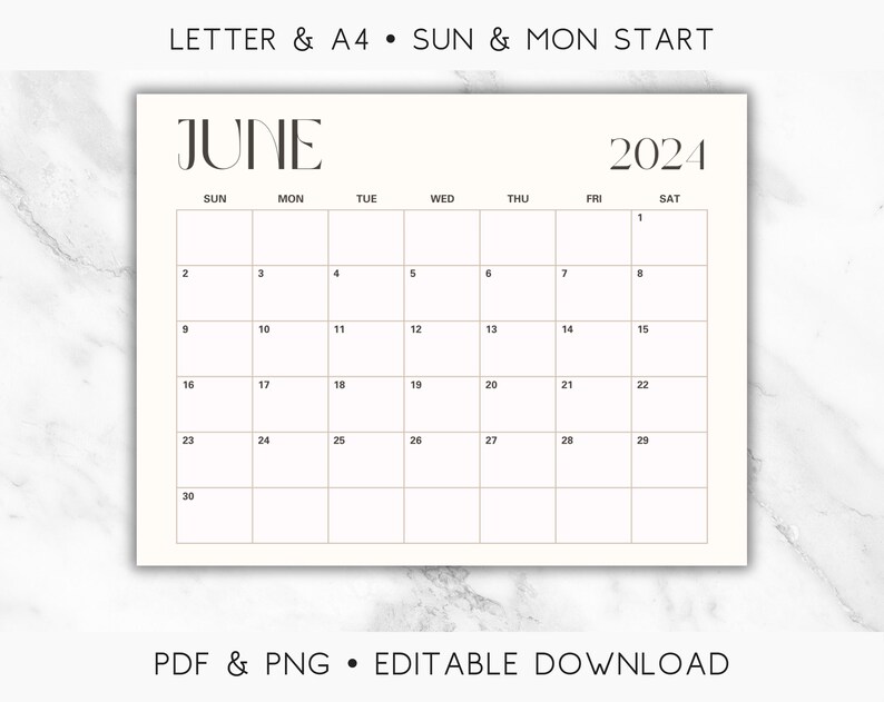Editable June 2024 Calendar Printable, Simple Modern June 2024 ...