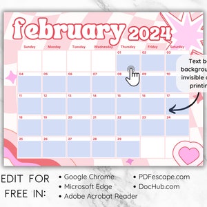 EDITABLE February 2024 Calendar Printable, Retro February 2024 ...