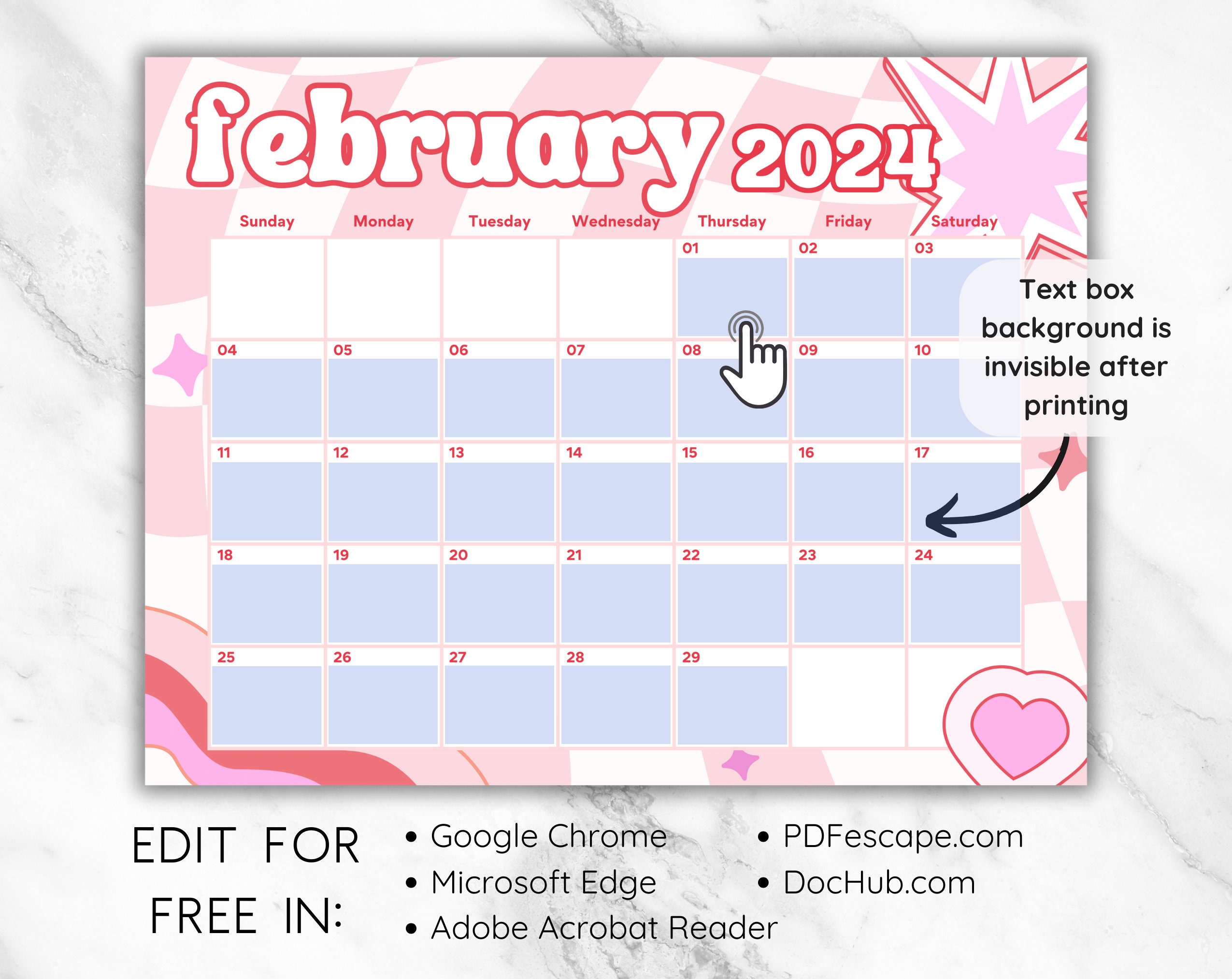 EDITABLE February 2024 Calendar Printable, Retro February 2024 ...