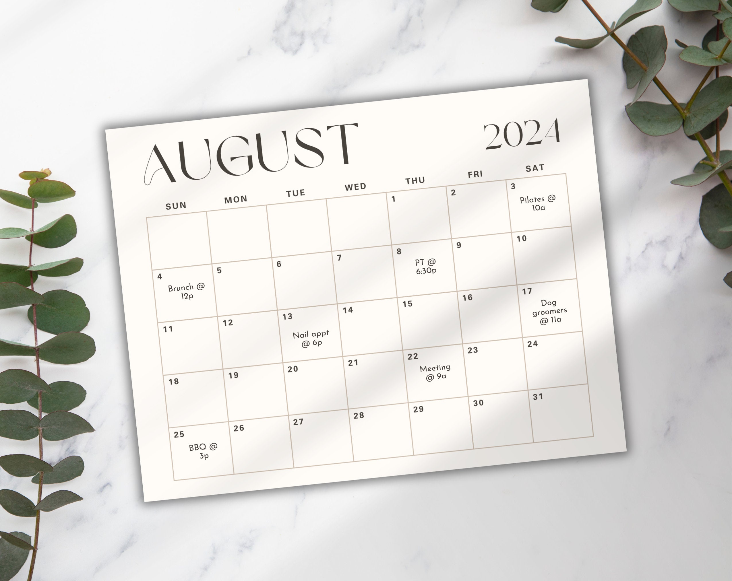 Editable August 2024 Calendar Printable, Simple Modern August 2024 ...