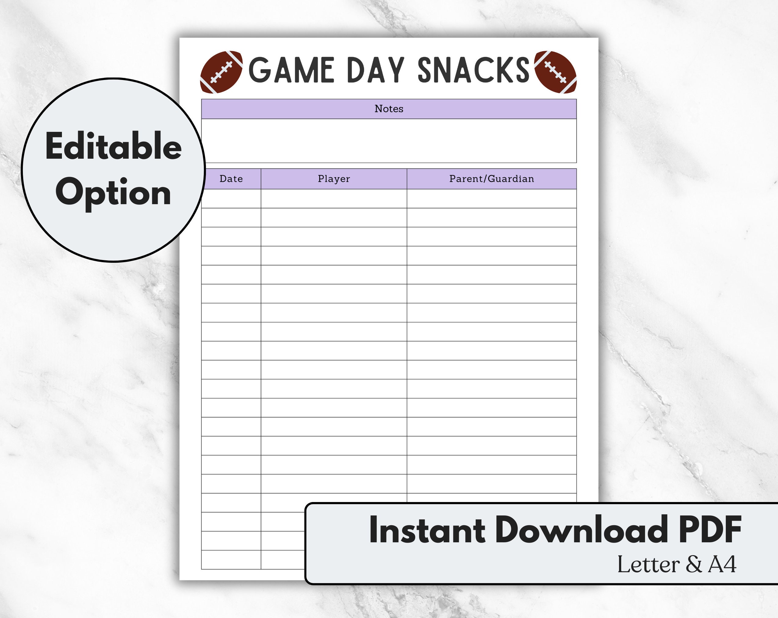 Editable Football Snack Sign up Sheet, Game Day Snack Sign up Sheet ...
