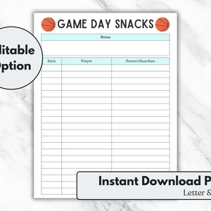 Editable Basketball Snack Sign up Sheet, Game Day Snack Sign up Sheet ...