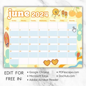 Editable June 2024 Calendar Printable, Retro June 2024 Printable ...