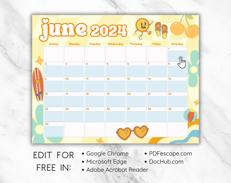 Editable June 2024 Calendar Printable, Retro June 2024 Printable ...