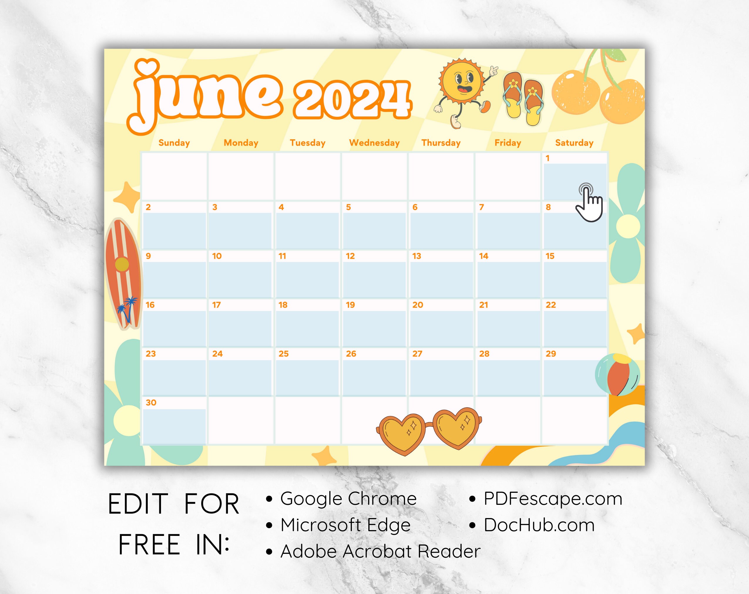 Editable June 2024 Calendar Printable, Retro June 2024 Printable ...