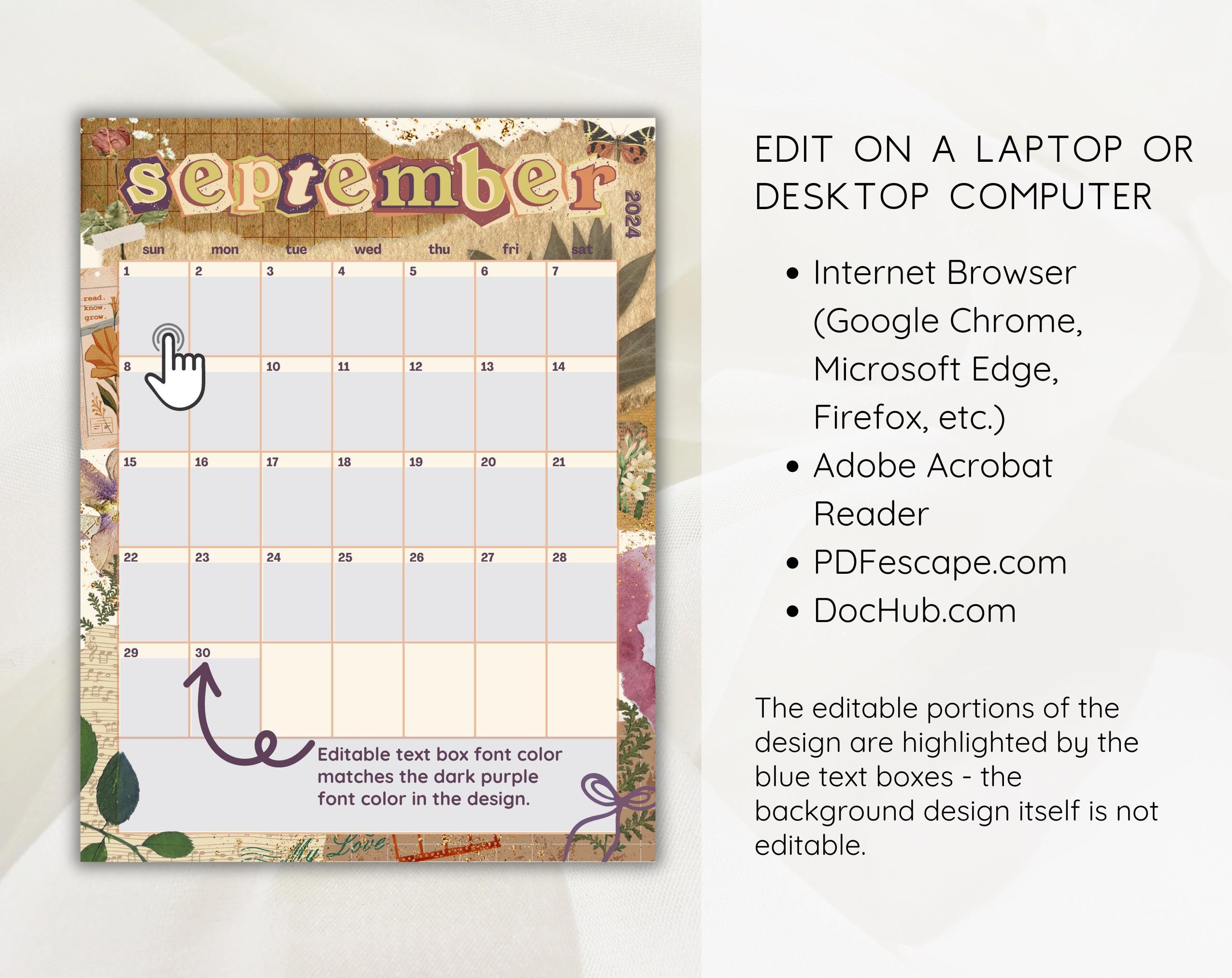 Editable September 2024 Calendar Printable, Letter, A4, Portrait ...