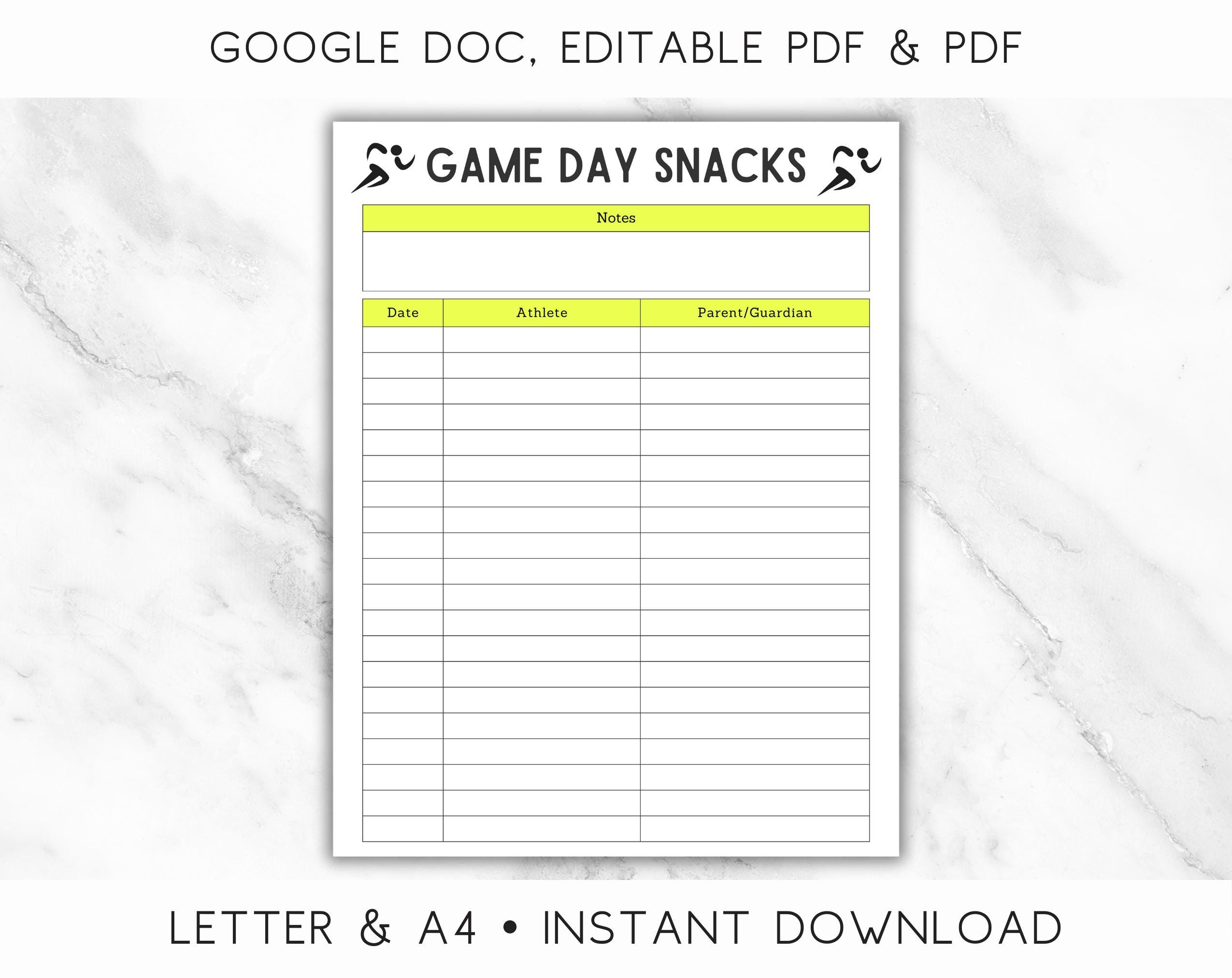 Editable Track/cc Snack Sign up Sheet, Editable PDF & Google Doc, Game ...