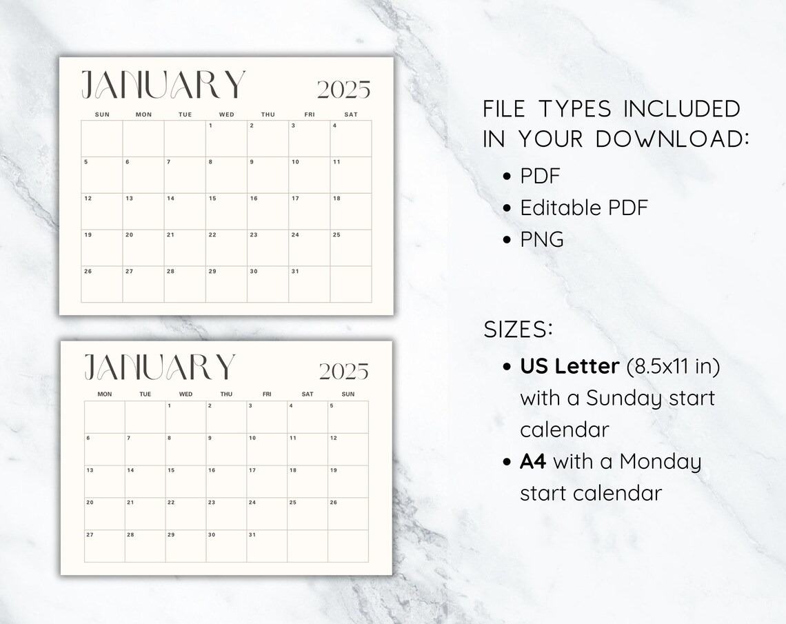 Editable January 2025 Calendar Printable, Simple Modern January 2025 ...