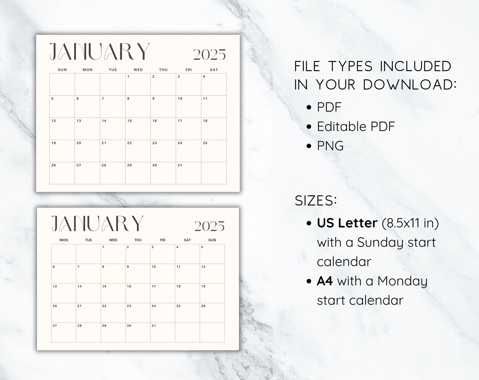 Editable January 2025 Calendar Printable, Simple Modern January 2025 ...