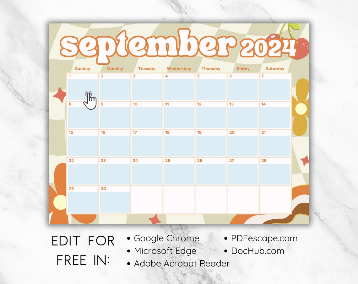 Editable September 2024 Calendar Printable, Retro September 2024 ...